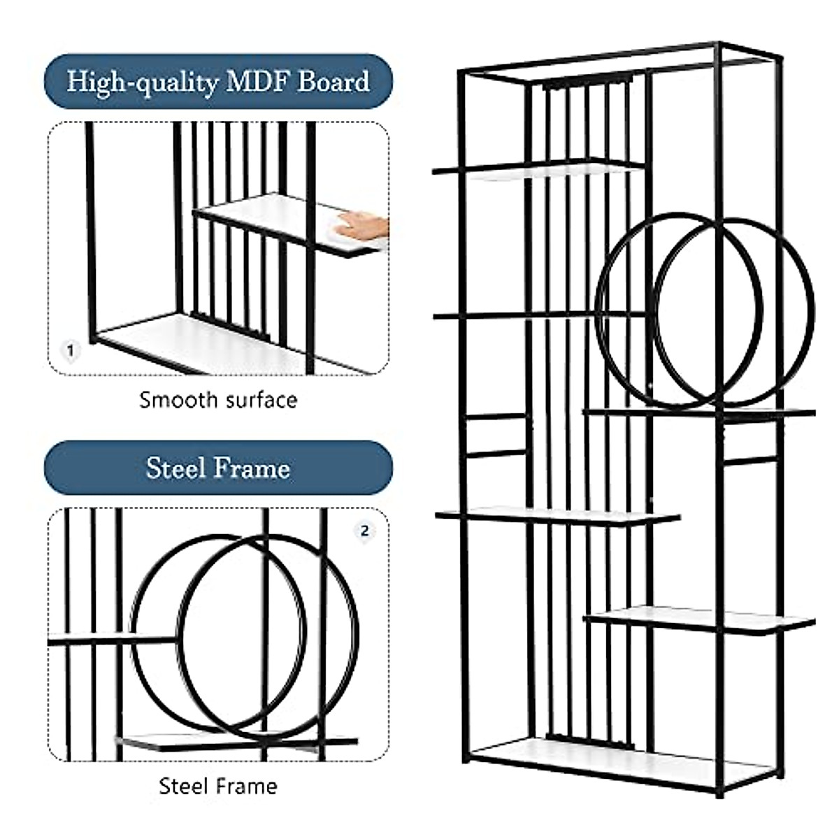 JIVOIT 70.9" Tall Open Bookshelf with Black Metal Frame, Industrial Style 6 Tiers Home Office Bookcase with Round Metal Frame Design, Book Shelves Storage Bookshelf Furniture