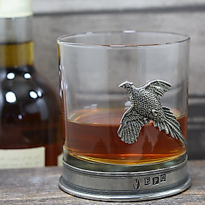 English Pewter Company 11oz Old Fashioned Whisky Rocks Glass with Pewter Base and Pheasant Motif [PHS104]