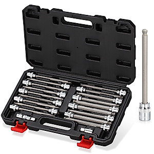 RIMKOLO 3/8 Inch Drive Long Ball End Hex Bit Socket Set,20-Piece SAE & Metric Allen Socket Set 3mm to 10mm & 1/8-3/8 Inch S2 Steel Bits