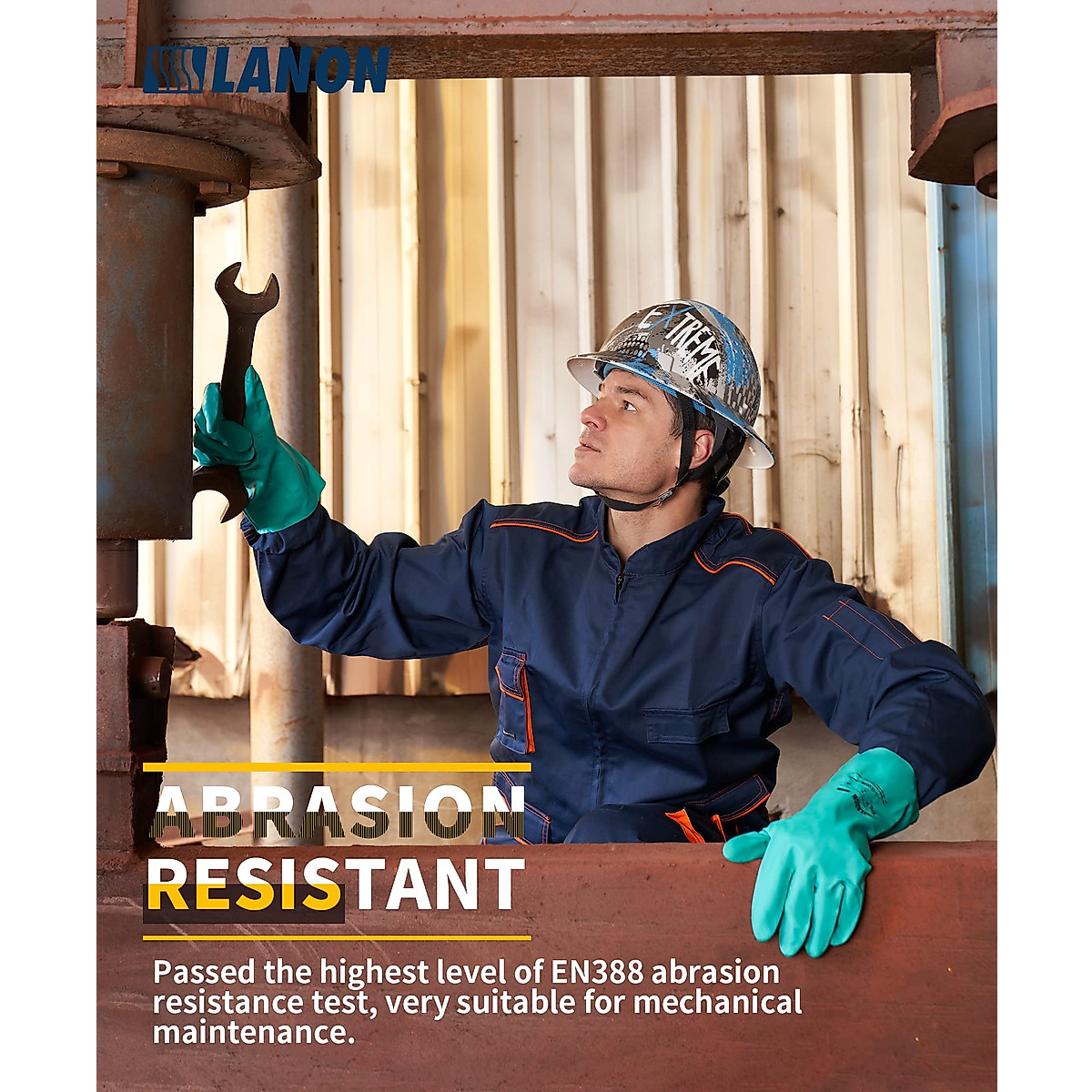 LANON 3 Pairs Nitrile Chemical Resistant Gloves, Reusable Heavy-Duty Rubber Gloves, Acid, Alkali & Oil Protection, Non-Slip, Large