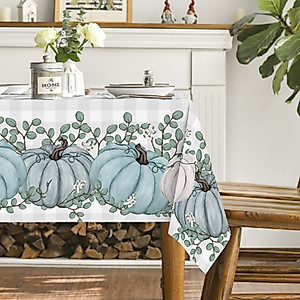 Horaldaily Fall Tablecloth 60x84 Inch Rectangular, Thanksgiving Autumn Harvest Blue Pumpkin Buffalo Plaid Table Cover for Party Picnic Dinner Decor