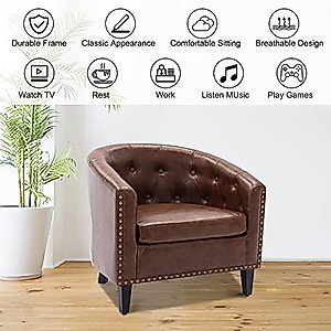 SSLine Armchair Barrel Club Chair,Modern PU Leather Accent Chair Arm Club Chair w/Nailheads and Solid Wood Legs,Tub Barrel Style Lounge Chair for Living Room Bedroom Reception Room (Brown)