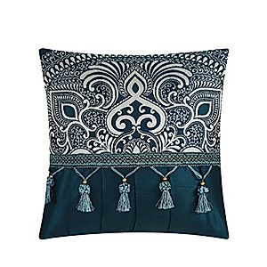 Chic Home CS2687-AN Chic Home 9 Piece Orchard Place Faux Silk Luxury Large Medalion Jacquard with Embroidery Details and Trims Queen Comforter Set Blue