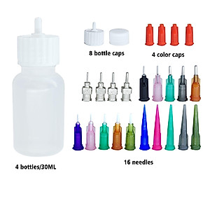 Xmasir Multi Purpose Precision Applicator JAC Bottle for Henna Set 2 pcs 1 Oz.Bottle with 4 pcs Caps and 16 pcs Needle Tips Sizes