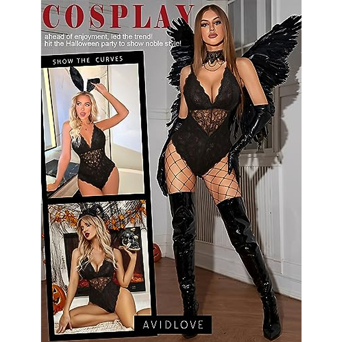 Avidlove Sna-p Crotch Lingerie Women Deep V Lace Teddy Bodysuit One Piece Babydoll(Black,XL)