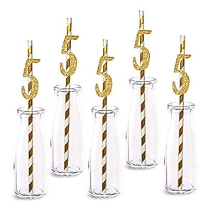 5th Birthday Paper Straw Decor, 24-Pack Real Gold Glitter Cut-Out Numbers Happy 5 Years Party Decorative Straws