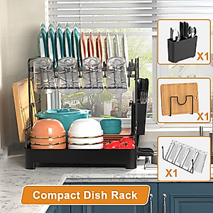 Stofiro Dish Drying Rack with Drainboard, 2 Tier Drying Rack for Kitchen Counter, Rustproof Multipurpose Dish Rack with Cutting Board Holder, Drainage, Utensil Holder, Cup Holder, Dryer Mat