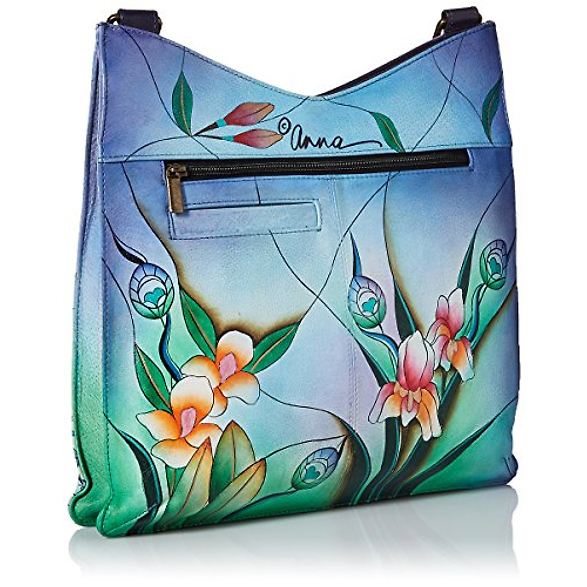 Anna by Anuschka Women's Genuine Leather Large V Top Multi-Compartment Cross Body | Hand Painted Original Artwork | Midnight Peacock