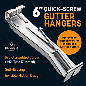 Quick Screw 6 Inch Gutter Hangers - 50 Pack - Gutter Brackets 6 Inch with Bonus 6 Inch Drill Bit - Hidden Bracket Clips with Pre-Assembled Screw - Fix Sagging Rain Gutters