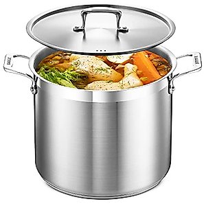 Stockpot – 12 Quart – Brushed Stainless Steel – Heavy Duty Induction Pot with Lid and Riveted Handles – For Soup, Seafood, Stock, Canning and for Catering for Large Groups and Events by BAKKEN