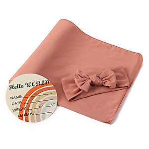 Bayceen Stretchy Swaddle Blanket for Newborns Baby Girl Swaddle and Headband Set Receiving Blanket 35 x 35 inches Swaddle Set (Blush)