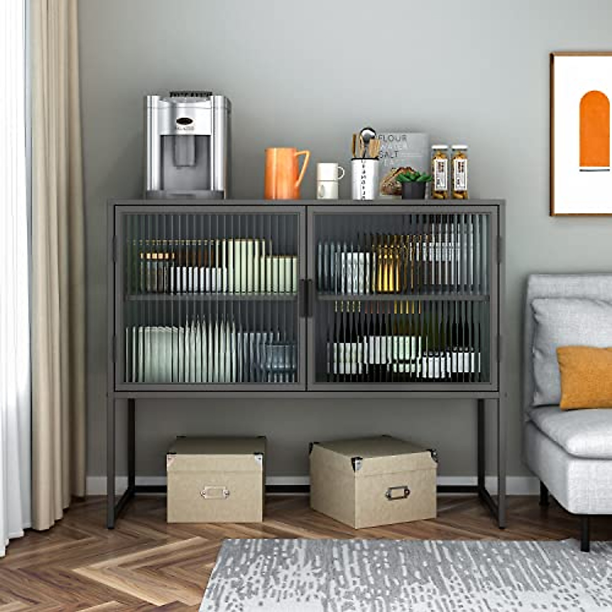 NOSGA Retro Style Fluted Glass Sideboard Storage Cabinet Simple Modern Console Table Detachable Wide Shelves Enclosed Dust-Free Storage Bottom Space for Living Room Bathroom Dining Room,Gray