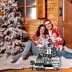 Black and White Plaid Christmas Tiered Tray Decor - Snowman, Snowflake, Gnome, Truck, Xmas Tree Wooden Signs for Table Shelf