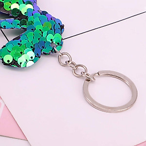 QTKJ Cute Reversible Mermaid Glitter Pompom Sequins Dinosaur Pendant Keychain Key Chain for Women Car Bag Accessories Key Ring (Green)