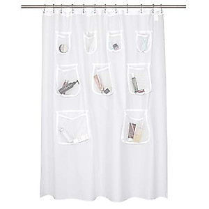 N&Y HOME Waterproof Fabric Shower Curtain or Liner with 9 Mesh Pockets - White, 71x72 Inches