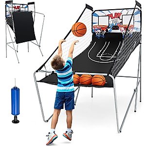 Goplus Foldable Dual Shot Basketball Arcade Game, Basketball Hoop Game w/Electronic Scoring, 8 Game Modes, 4 Balls, Indoor Outdoor Electronic Basketball Game Machine for Kids Adults (White+Blue)