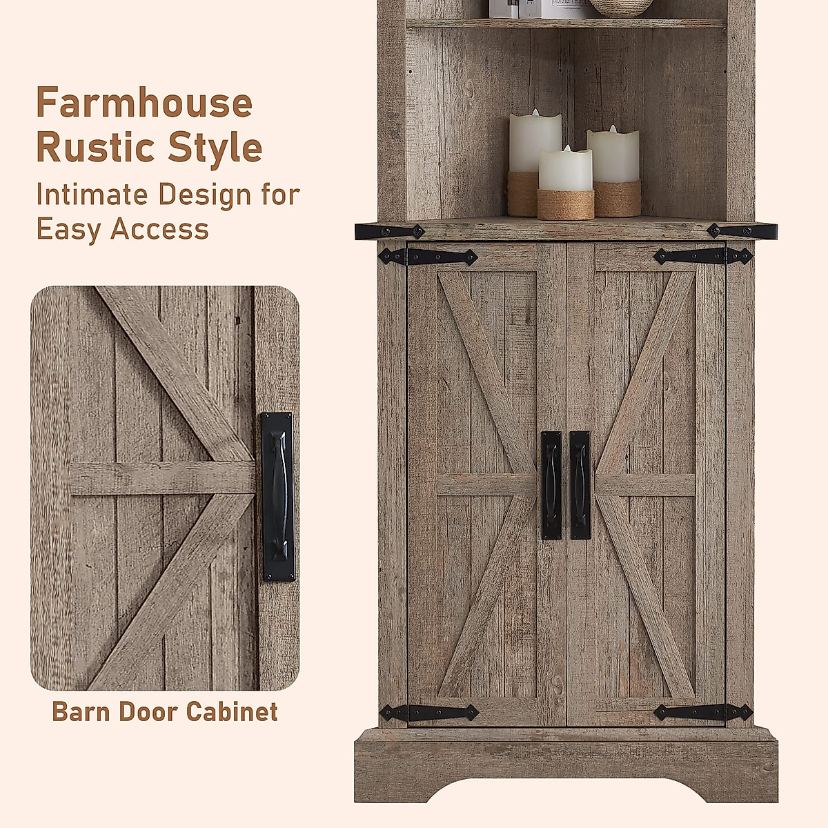 OKD Tall Corner Cabinet, Farmhouse Storage Cabinet with Barn Door Design & Adjustable Shelves, Home Space Saver for Bathroom, Living Room, Light Rustic Oak