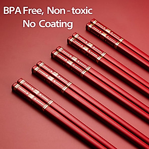 5 Pairs Chinese Chopsticks Reusable Fiberglass Dishwasher Safe, 9.6 inch/24.3cm Matte Non-Slip Family/ Hotel/ Restaurant Japanese Chop Sticks, Christmas&New Year Chopstick Gift, Traditional Red