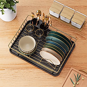 GSlife Dish Drying Rack with Drainboard - Dish Racks for Kitchen Counter, Dish Drainer with Utensil Holder, No Drain Spout, Gold and Black