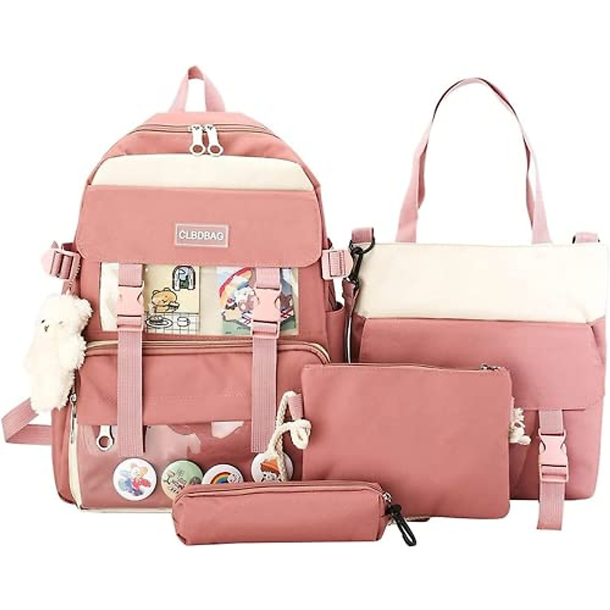 Kawaii Backpack Casual Bags Cute Aesthetic Backpacks with badge and pendant, shoulder bag, pencil case, handbag (Pink)