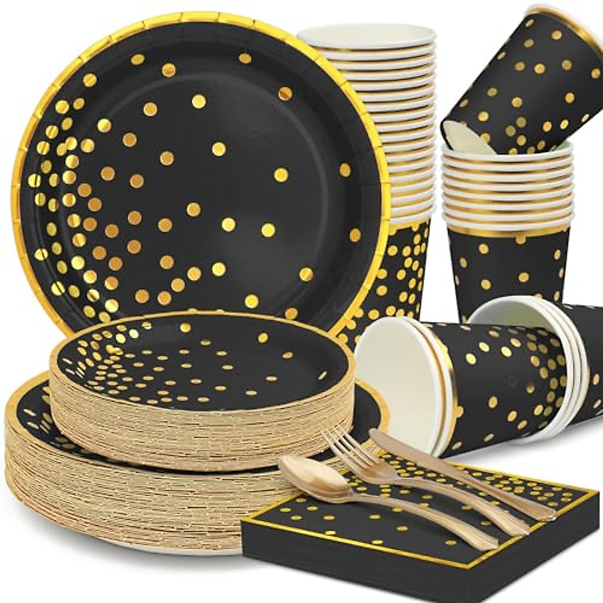 Black and Gold Party Supplies-Golden Dot Paper Plates,Black Napkins&Cups and Plastic Utensils,Gold Rim Disposable Paper Tableware for Birthday,Retirement,Graduation,175Pcs,Serve 25