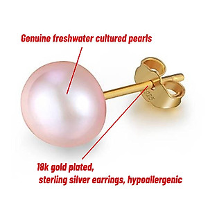 pink pearl 18K Gold stud Earrings for women Ladies Girl，Handpicked Genuine Freshwater aquaculture Cultured AAAA+ Pearls (pink-8mm)