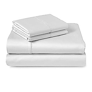 Pizuna 100% Cotton Sheets for Queen Size Bed White, 400 Thread Count Long Staple Combed Cotton, Sateen Cooling Sheets Queen, 15 Inch Deep Pocket Queen Sheets Set (White Cotton Bed Sheets Queen)