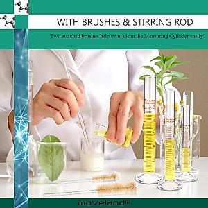 moveland Glass Graduated Measuring Cylinders Set - 5ml/10ml/25ml/50ml/100ml, Premium Borosilicate Cylinders Kit with 3 Pipettes + 2 Clear Brushes + 1 Stirring Rod