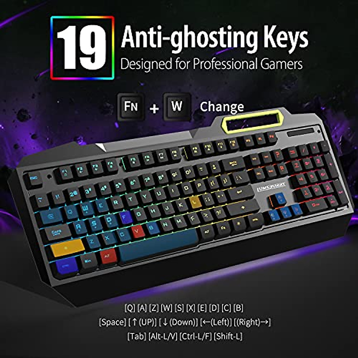 Lumsburry RGB LED Backlit Gaming Keyboard with Anti-ghosting, Light up Keys Multimedia Control, USB Wired Waterproof Metal Keyboard for PC Games Office (Cool Black)