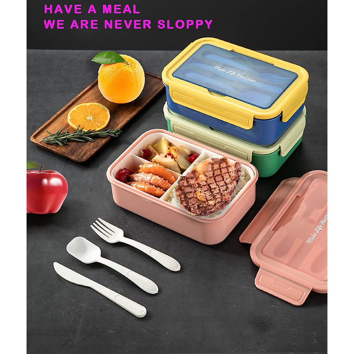 Bento Boxes for Adults, 1400 ML Bento Lunch Box With Utensils for Kids,Insulated Lunch Bag, Suitable for dining out 3-grid leak proof, Food-Safe Materials(Pink With Bag)