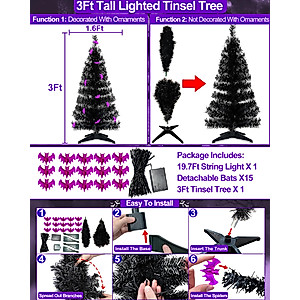 8 Modes TURNMEON 3 Ft Halloween Black Tree Decor with Timer 50 LEDs Lights Small Halloween Tree Battery Powered Artificial Black Xmas Tabletop Halloween Tree Decorations Home Indoor Outdoor Party