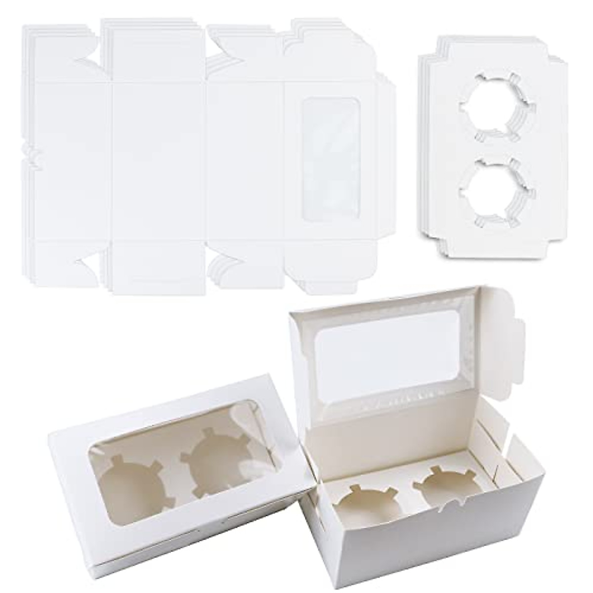 GothaBach 30 Pack White Paper Cupcake Boxes with 2 Cavity Cookie Gift Boxes with Clear Window 2 Treat Holder Cupcake Containers Bakery Cake Box
