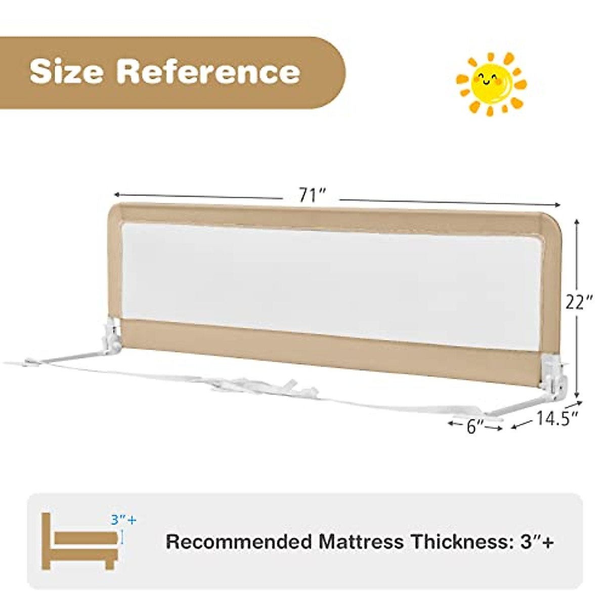 HONEY JOY Bed Rail for Toddlers, 71-in Extra Long, Portable Safety Bed Guardrail w/Double Safety Child Lock, Foldable Baby Bed Rail Guard, Fit King & Queen Full Twin Size Bed Mattress(Beige, Pack 2)