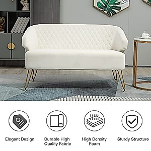 Homtique Velvet Loveseat Modern Tufted Accent Sofa Chair with Metal Golden Legs Upholstered 2 Seaters Couch for Small Spaces Elegant Settee Bench for Living Room, Bedroom, Apartment (White)