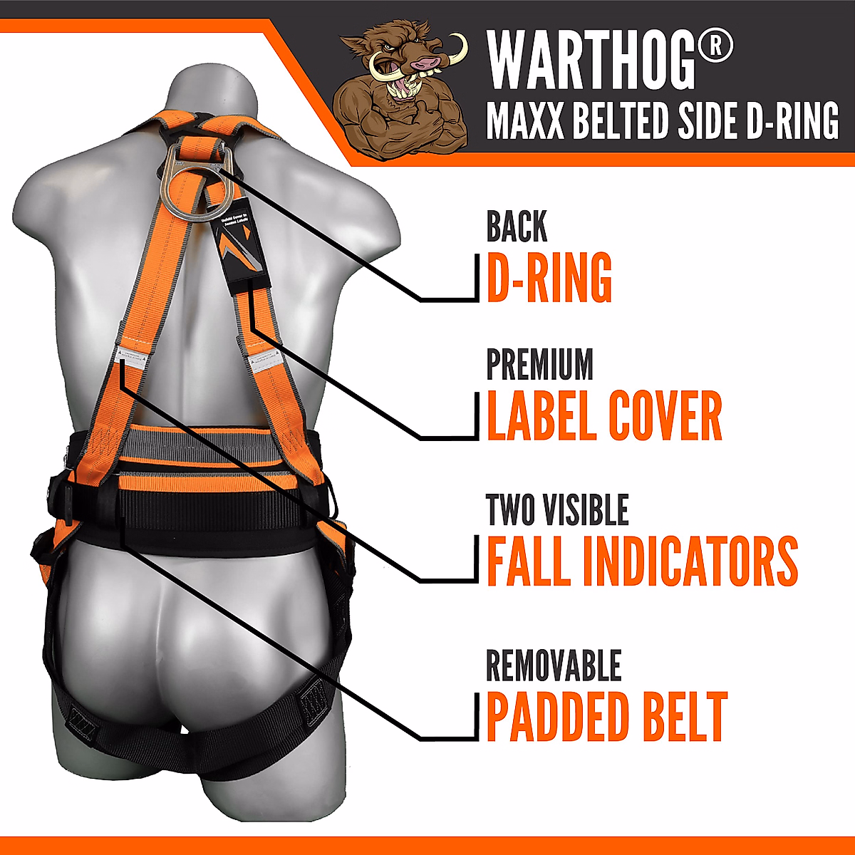 Malta Dynamics Warthog MAXX Side D-Ring Fall Protection Safety Harness with Removable Safety Belt, Full Body Harness for Construction, Safety and Protection - OSHA/ANSI Compliant, (L-XL)
