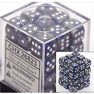 Chessex Dice d6 Sets: Gemini Blue & Steel with White - 12mm Six Sided Die (36) Block of Dice