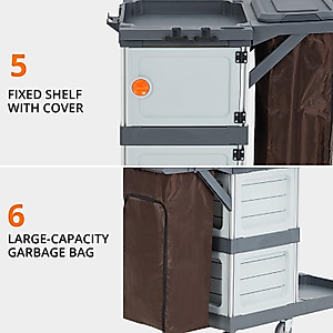 Commercial Janitorial Cart with 2 Cabinet - Black Housekeeping Caddy with Cover, Shelves, and Vinyl Bag