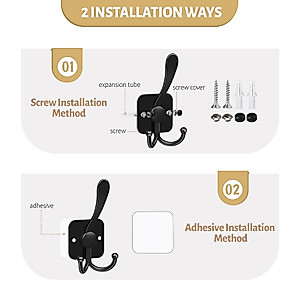 VIS'V Coat Hooks Wall Mount, Black Metal Coat Tri Hooks Heavy Duty Adhesive 3 Prong Coat Hanger Hooks Door Wall Coat Rack Hooks for Livingroom Bathroom Camper 2 Mount Options - 4 Pcs