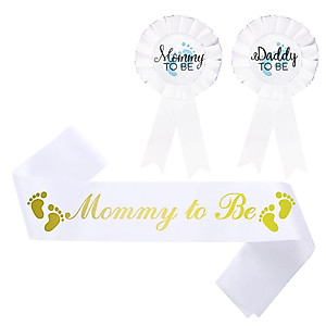 CoolerthingsDG, 3pcs, with gold Letters,Baby Shower Button New Dad Gifts Gender Reveals Party for Baby Boy White Rosette Button Baby Celebration ( Blue footprint)