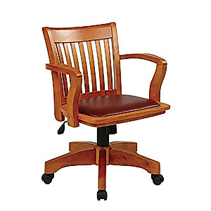 OSP Home Furnishings Deluxe Wood Banker's Desk Chair with Padded Seat, Adjustable Height and Locking Tilt, Fruitwood Finish and Brown Vinyl