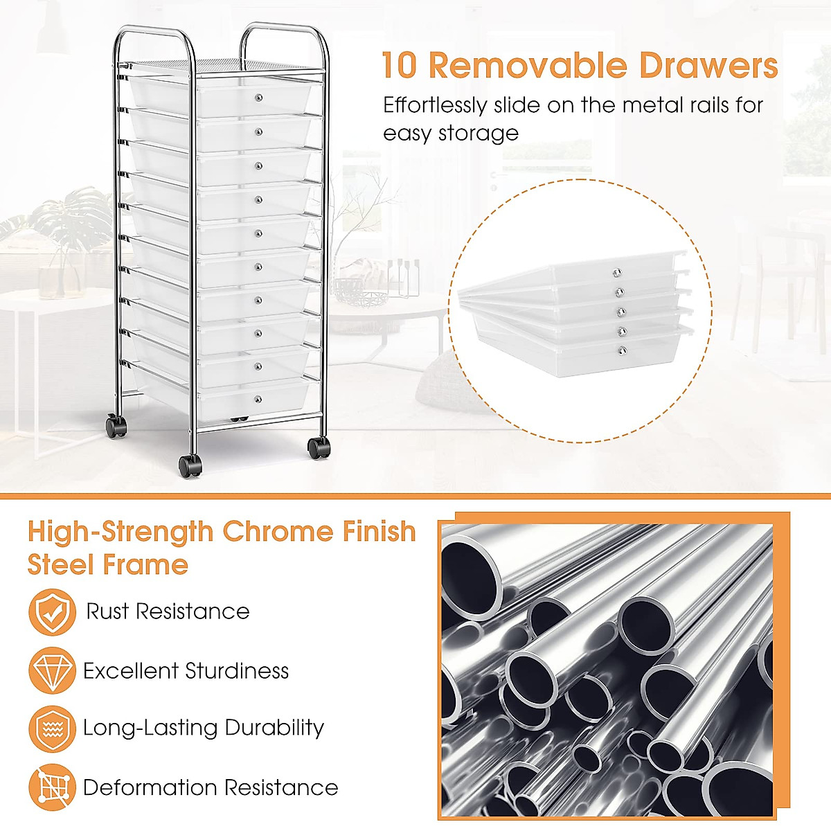 SILKYDRY Rolling Storage Cart with 10 Drawers, Versatile Utility Cart with Wheels for Tool Paper Scrapbook Art Supply, Mobile Craft Organizer Cart for Home Office School (Clear)