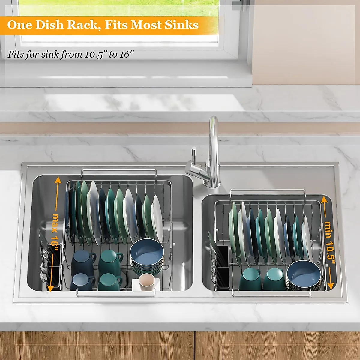 Orgneas Capacity Expandable Dish Drying Rack in Sink, Stainless Steel Rustproof Over Sink Dish Drainer Rack with Utensil Holder for RV Kitchen Counter, Fit for Inside Width 10.5''~17'' Sinks