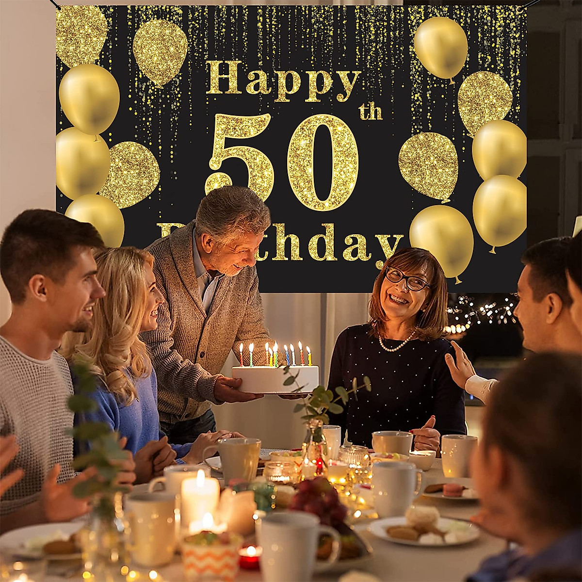 Crenics Happy 50th Birthday Backdrop Banner, Extra Large 50 Birthday Photo Background, Black Gold 50 Years Old Birthday Decorations Party Supplies for Men Women, 5.9 x 3.6 ft
