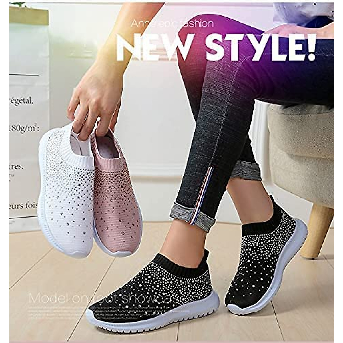 Women's Crystal Sock Sneakers Slip-on Comfy Athletic Running Walking Gym Shoes (Black,9)