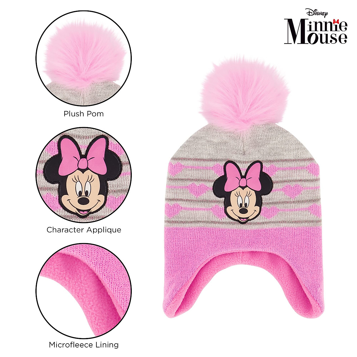 Disney Girls Toddler Winter Hat with Knit and Insulated Ski Mitten Set, Minnie Mouse For Ages 2-4