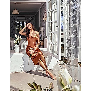 Ekouaer Women's Satin Nightgown Adjustable Sleeveless Spaghetti Strap Silky Satin Midi Slip Dress Silk Sleepwear Sleepwear Nightshirts Rust Brown