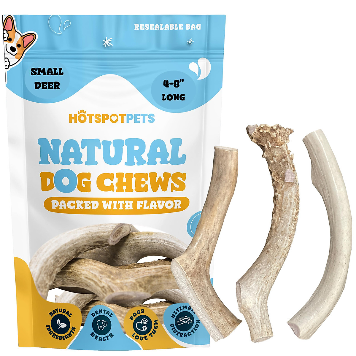 hotspot pets Small Premium Deer Antler for Dogs (3 Pack) - 4-8 Inch Long Lasting Antler Dog Chews Naturally Shed Deer Antlers Bone for Small & Medium Breed Aggressive Chewers - Sourced in USA