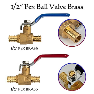 Hourleey 2 Pieces 1/2 Inch Pex Brass Full Port Shut Off Ball Valve HOT AND COLD, Quarter Turn HOT (RED) COLD (BLUE) of Brass Water Stop Shutt off, 1 Piece each