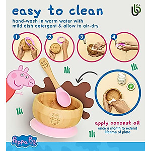 Peppa Pig Suction Bowl for Baby – Bamboo Baby Bowl and Spoon Set with Removable Silicone Suction Cup for Kids | 12oz | Non-Toxic | Cool to The Touch | Ideal for Baby-Led Weaning (Peppa Pig)