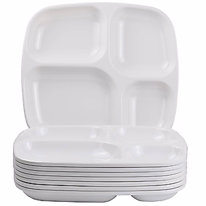 HOMEREFROM 8 Pcs -10.2”Meal Trays Melamine Compartment Dessert/Salad Plates, 4 Section Compartment Divided Plates, melamine platter,Salads, noodles, burgers,Safe for Dishwasher (White)